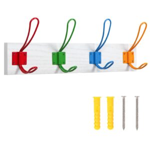 kysmotic kids coat hook rack wall mounted for boys and girls for hanging coats, scarves, bags, purses, backpacks, towels and more, set of 4, bright multicolored (white, 17 inches)