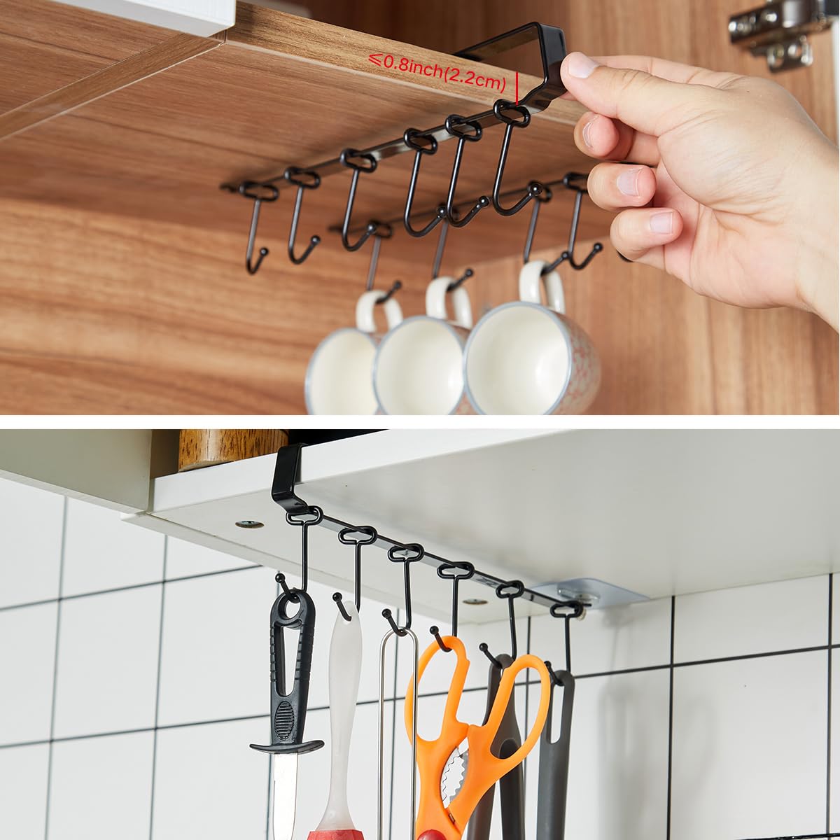 XILAOTOU Mug Rack Under Cabinet - Coffee Cup Holder, Each Bracket is Equipped with 6 and Adjustable Position of The Hook, Display Hanging Cups Drying Hook for Bar Kitchen Utensils Black 2 Sets