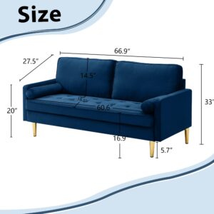 Hdxdkog Velvet Loveseat Sofa, 66.9'' Mid Century Modern Small Love Seats with 2 Pillows & Golden Legs Comfy Couch for Living Room, Upholstered 2 Seater Sofa for Small Apartment (Blue)