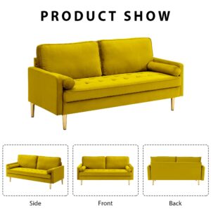 Hdxdkog Velvet Loveseat Sofa, 66.9'' Mid Century Modern Small Love Seats with 2 Pillows & Golden Legs Comfy Couch for Living Room, Upholstered 2 Seater Sofa for Small Apartment (Yellow)