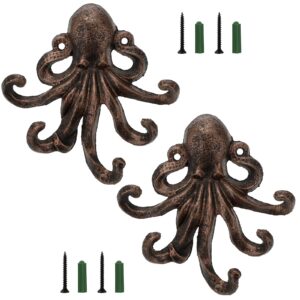 sumnacon cast iron coat hook 2pcs octopus hook decorative towel hook holder with screws octopus key holder wall nautical wall hook for enterway bathroom red bronze