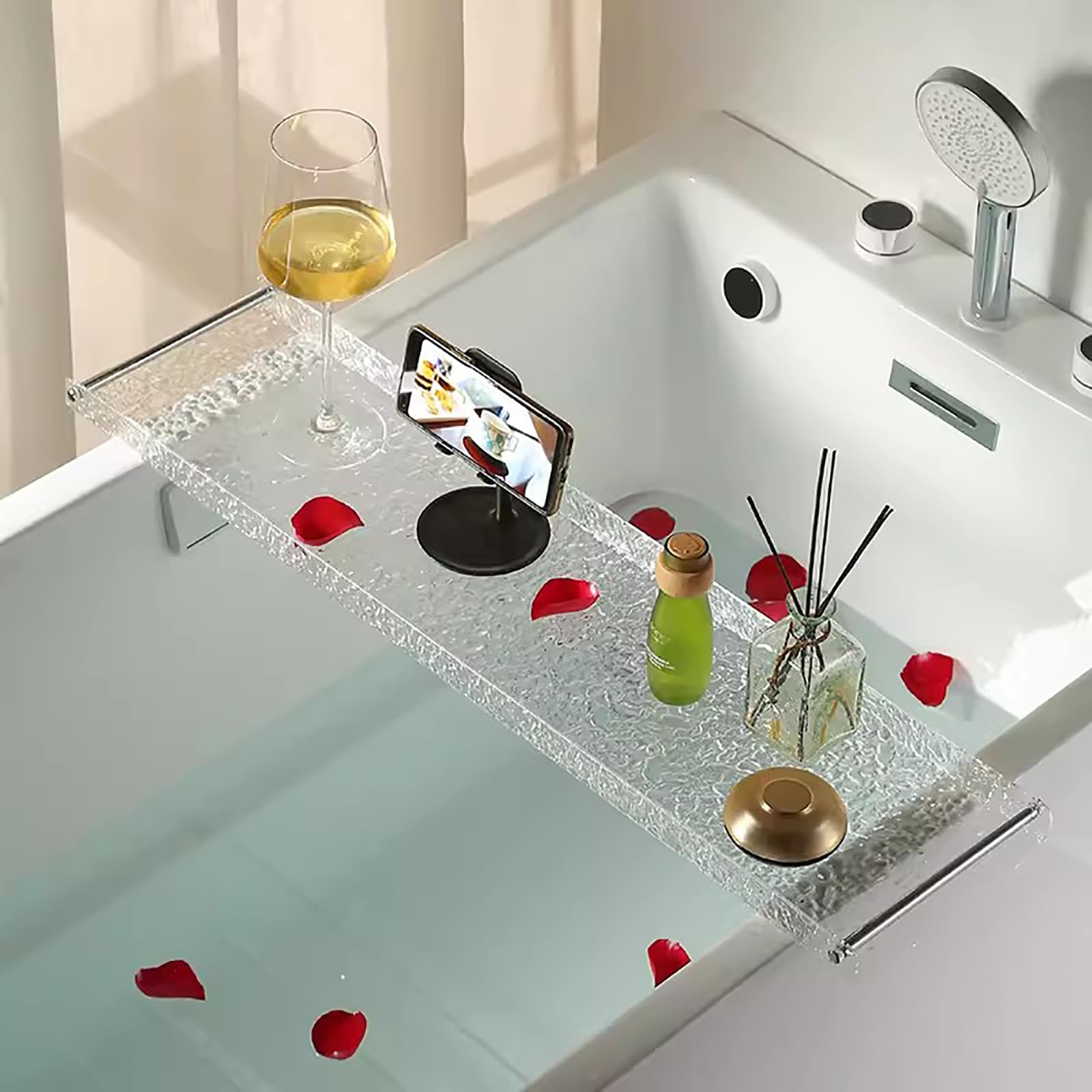 HM&DX Acrylic Bathtub Tray Caddy with Metal Handles,Clear Bathtub Tray Caddy Tub Shelf,spa Board Luxury Bathroom Bath Tub Table,Waterproof Bathtub Tray Tub Rack,Luxury Bath Accessory for Bathtub