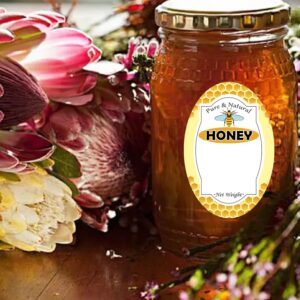 Pure Natural Honey Jars and Bottles Labels 2 x 3 Inch Honey Bottling Labels - Honey Farm Kitchen Name Home Business Round Mason Jar Labels for Honey Quart Jars and Honey Bears 60 Pcs