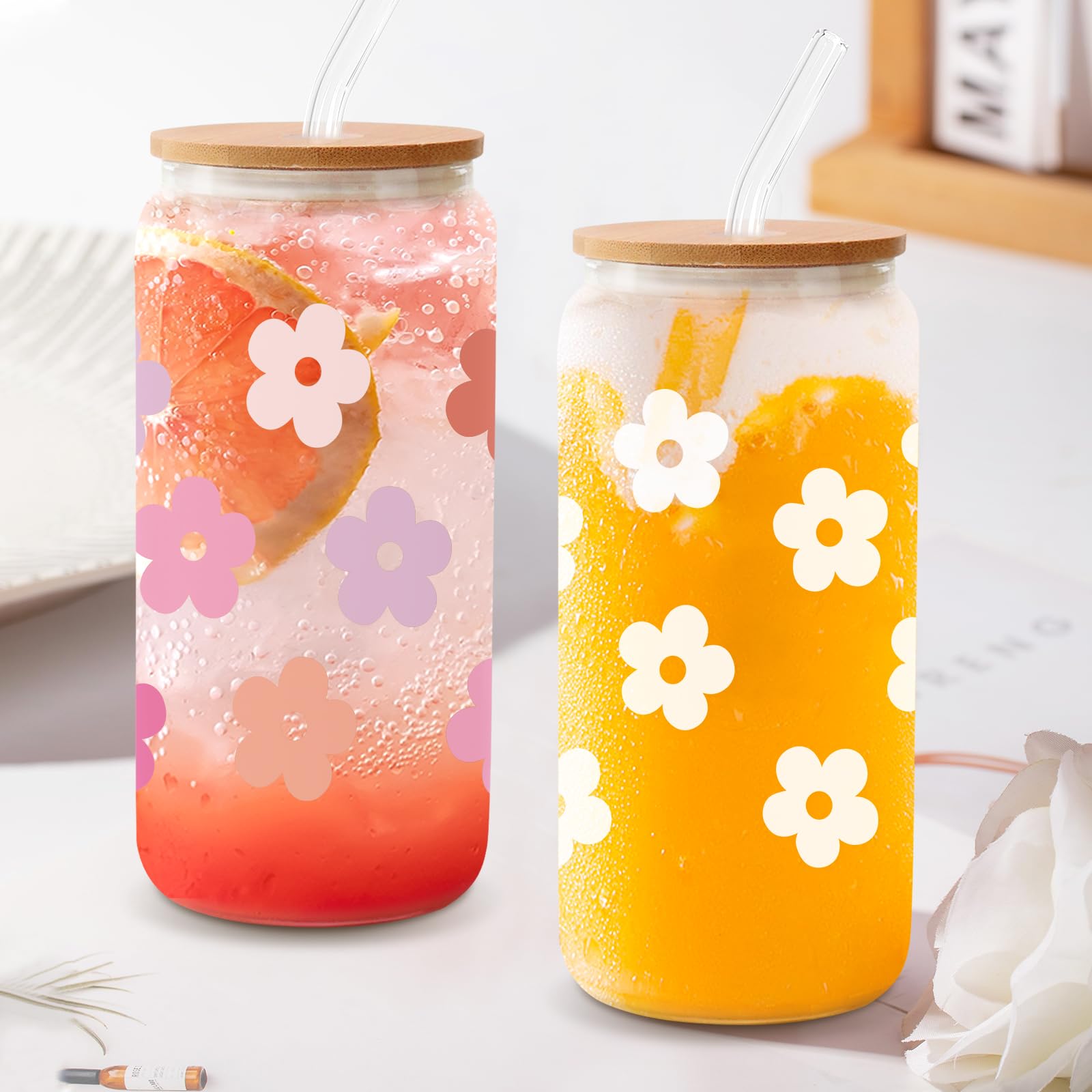 Daisy Glass Cup with Lid & Straw, Cute Gifts, Gifts for Friends Female, Best Friends Birthday Gifts, Iced Coffee Glass, Aesthetic Cups, Floral Glass Cup, 16oz Glass Cup - Daisy Gifts for Coffee Lover