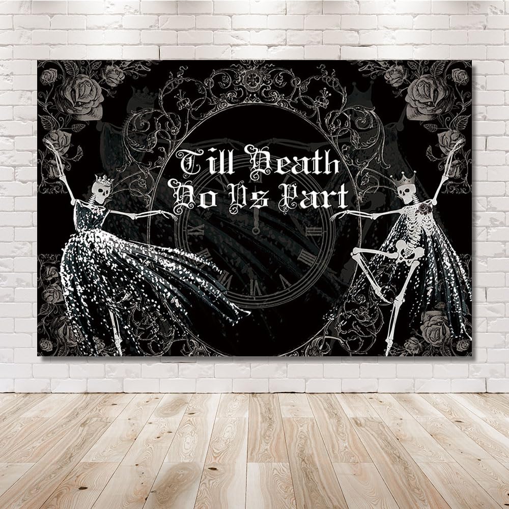 MEHOFOND 7x5ft Halloween Till Death Do Us Backdrop Spooky Wedding Bridal Shower Background Mr and Mrs Anniversary Bachelorette Dance Party Banner Supplies Decorations