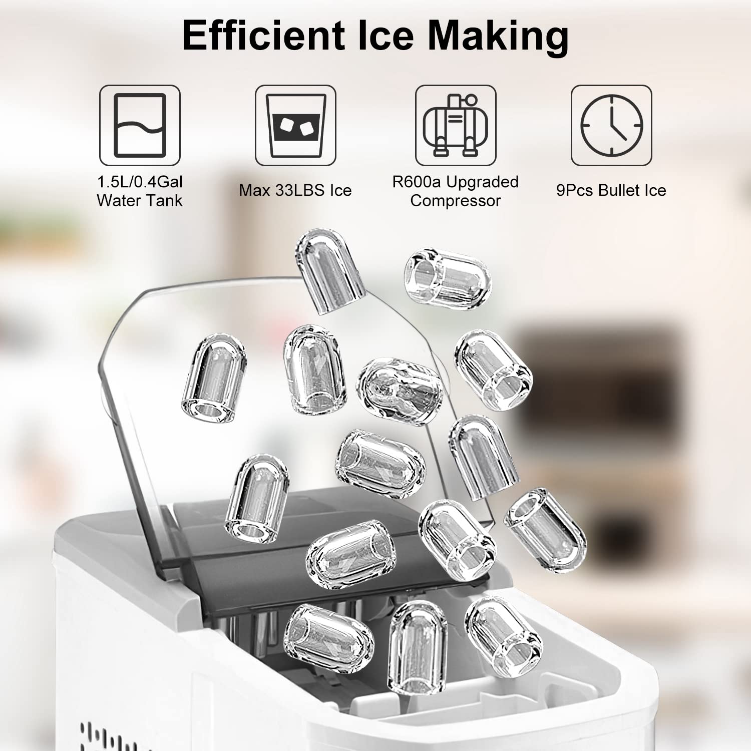 iMounTEK Ice Maker Countertop with Ice Scoop and Basket, Self-Cleaning Max 33LBS Per 24Hrs Countertop Ice Machine, Bullet-Shaped Ice Portable Ice Maker for Home, Kitchen, Office, Party, Bar and RV