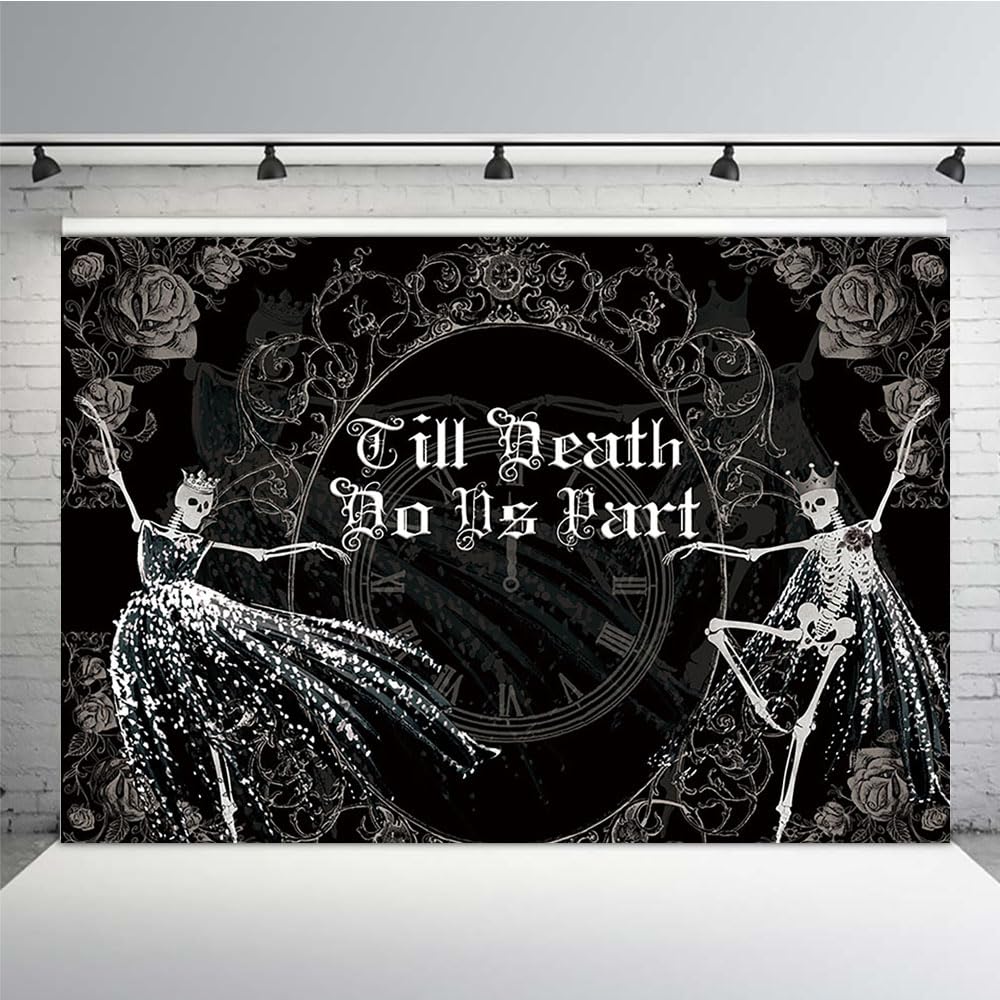 MEHOFOND 7x5ft Halloween Till Death Do Us Backdrop Spooky Wedding Bridal Shower Background Mr and Mrs Anniversary Bachelorette Dance Party Banner Supplies Decorations