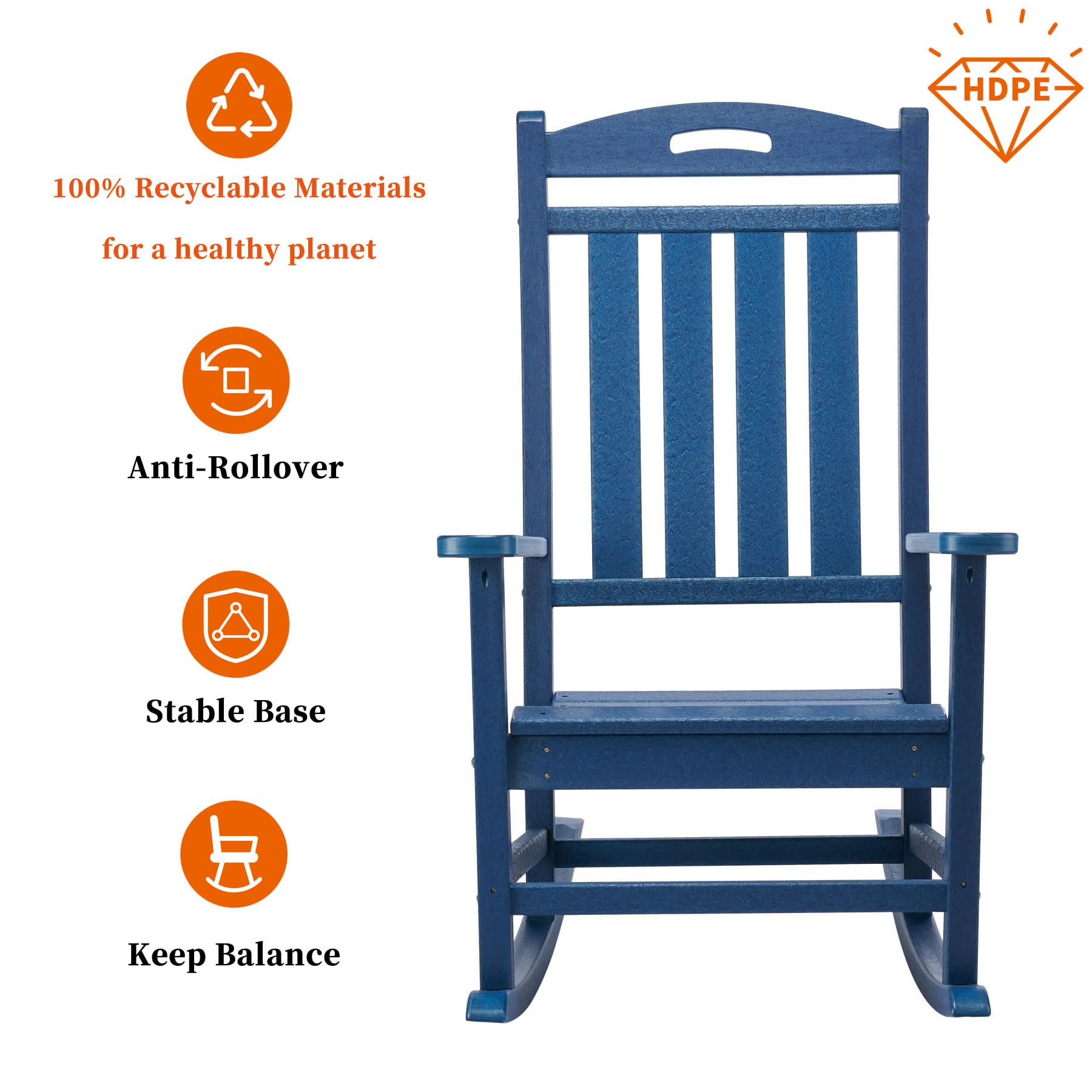 Adiromoti Outdoor Rocking Chair, All-Weather Resistant Poly Lumber Rocker Chair Outdoor, High Back Plastic Patio Rocking Chairs for Outside Porch Rocker Garden Lawn, Navy Blue