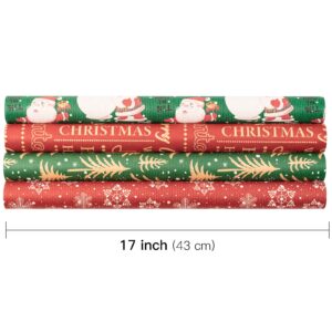 RUSPEPA Kraft Wrapping Paper Rolls - 17 inches x 10 feet per Roll, Total of 4 Rolls, Santa Claus, Snowflake and Christmas Tree Design