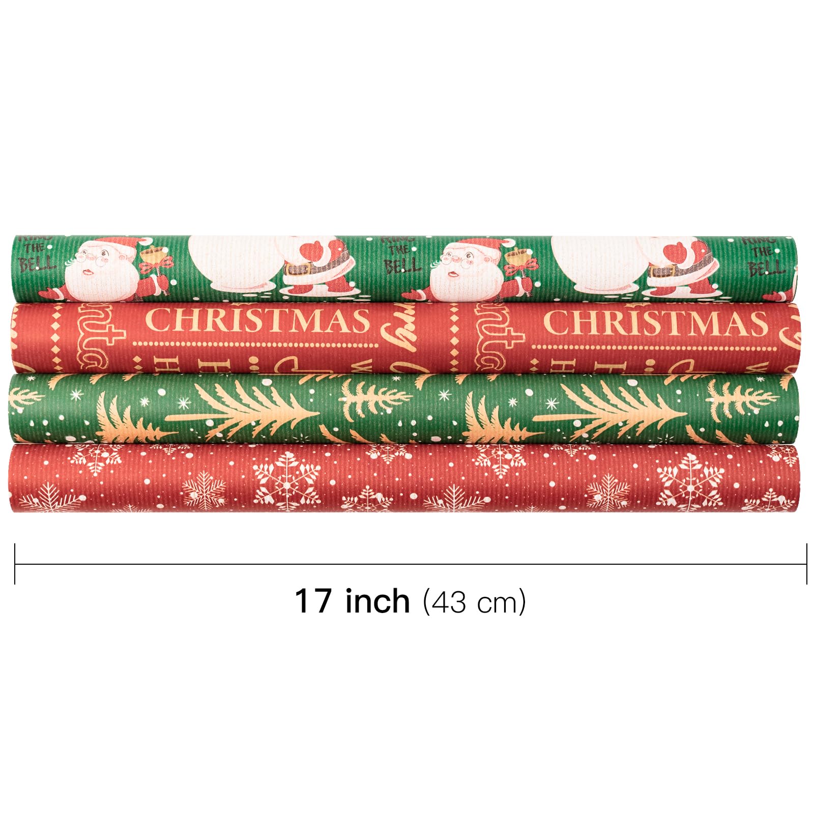 RUSPEPA Kraft Wrapping Paper Rolls - 17 inches x 10 feet per Roll, Total of 4 Rolls, Santa Claus, Snowflake and Christmas Tree Design