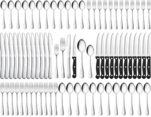 aikwi 72-piece silverware set with steak knives service for 12, stainless steel cutlery flatware set, mirror polished tableware utensils set for home party hotel kitchen, dishwasher safe