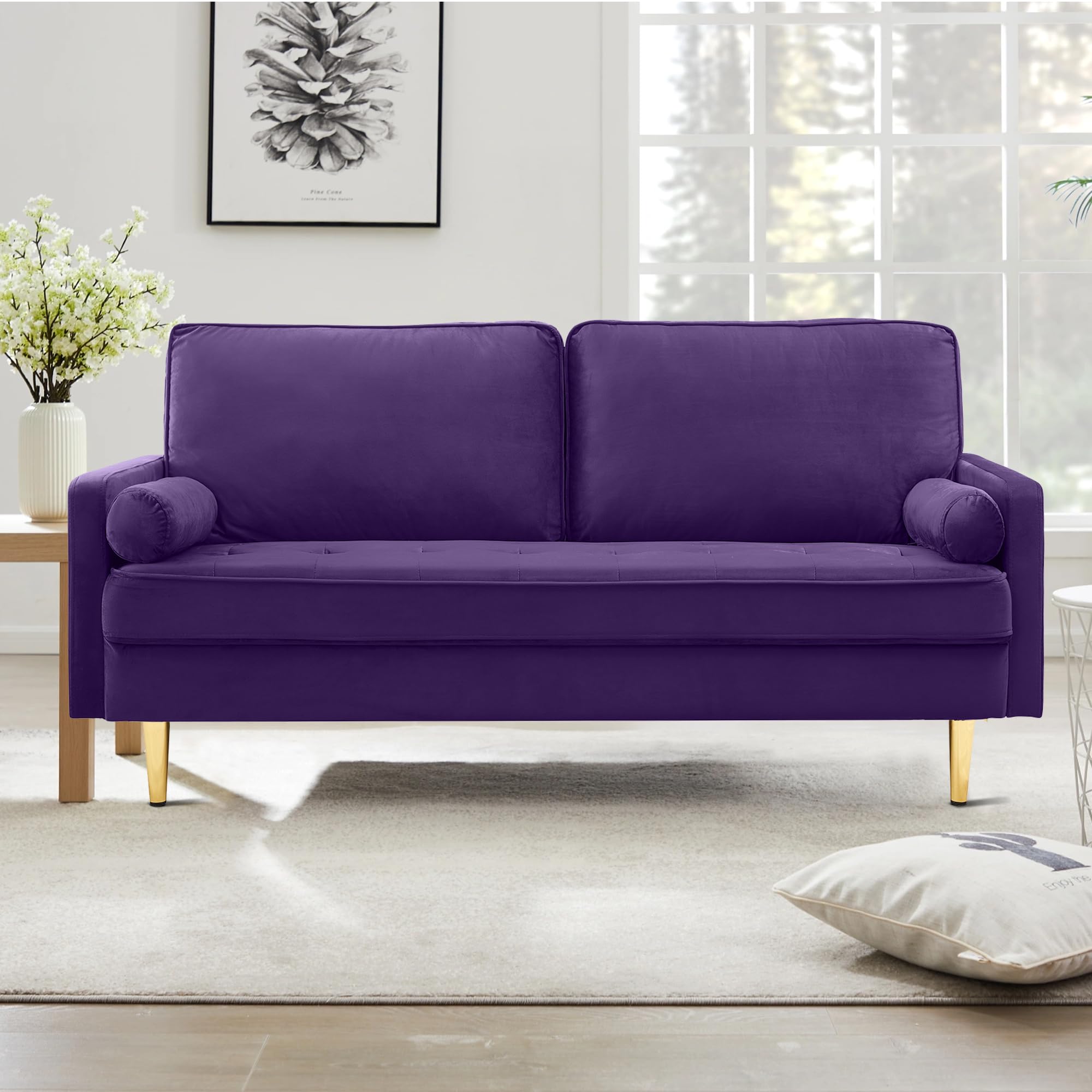 RXRRXY 67" Modern Velvet Loveseat Sofa Couch, Mid-Century Tufted Upholstered Small Love Seat Couch with 2 Pillows & 4 Golden Legs, 2-Seats Couches for Compact Space, Living Room, Apartment (Purple)