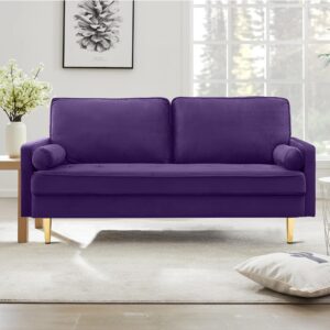 hdxdkog velvet loveseat sofa, 66.9'' mid century modern small love seats with 2 pillows & golden legs comfy couch for living room, upholstered 2 seater sofa for small apartment (purple)