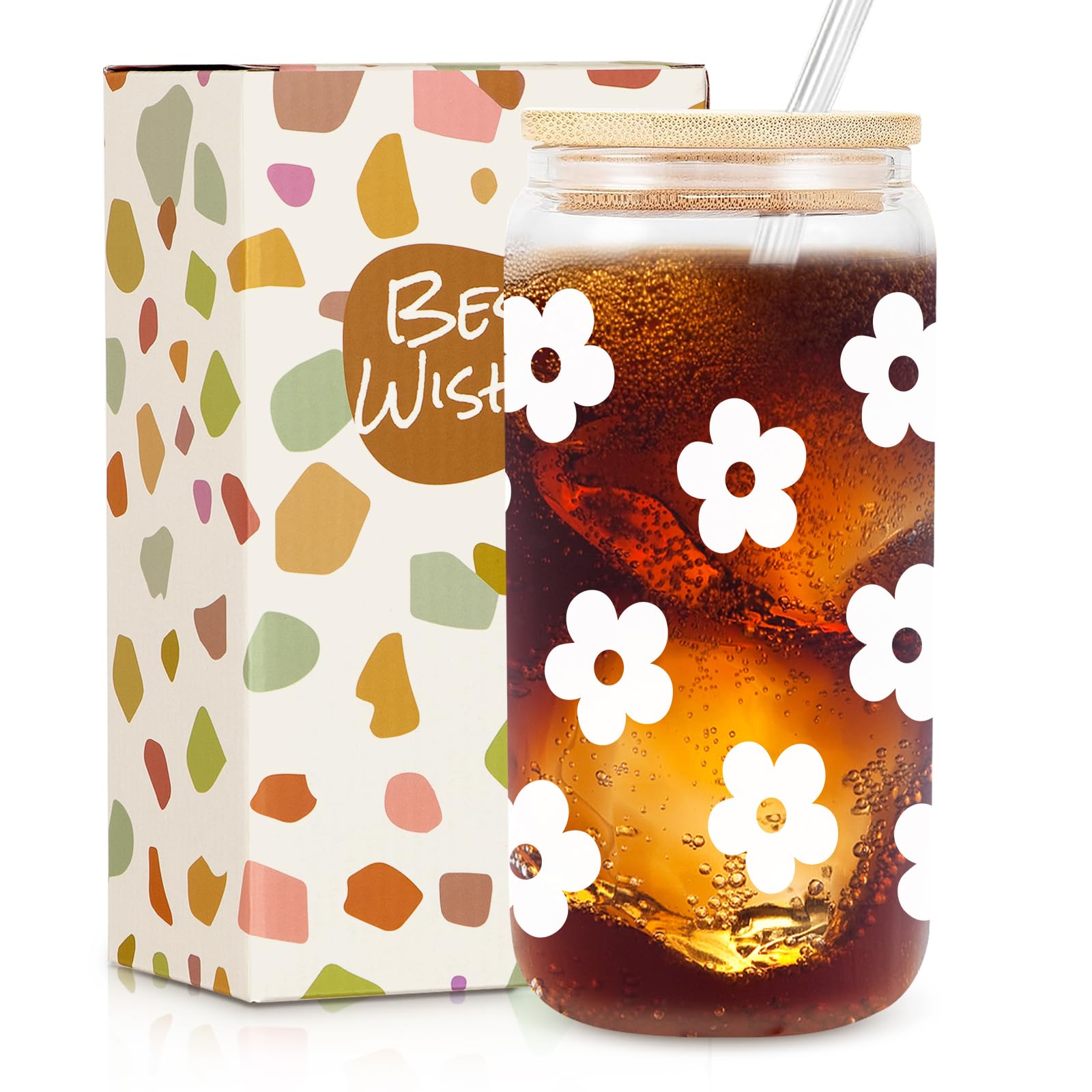 Daisy Glass Cup with Lid & Straw, Cute Gifts, Gifts for Friends Female, Best Friends Birthday Gifts, Iced Coffee Glass, Aesthetic Cups, Floral Glass Cup, 16oz Glass Cup - Daisy Gifts for Coffee Lover