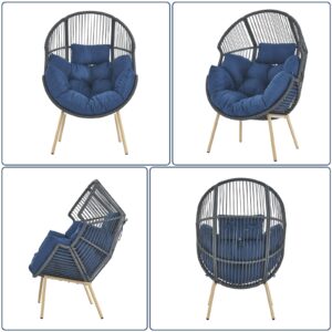 Egg Chair Outdoor Basket Chairs - Wicker Patio Cuddle Chair with Cushions Rattan Tear Drop Egg Chair for Indoor Bedroom Outside Porch Deck Backyard Garden(Grey/Blue)