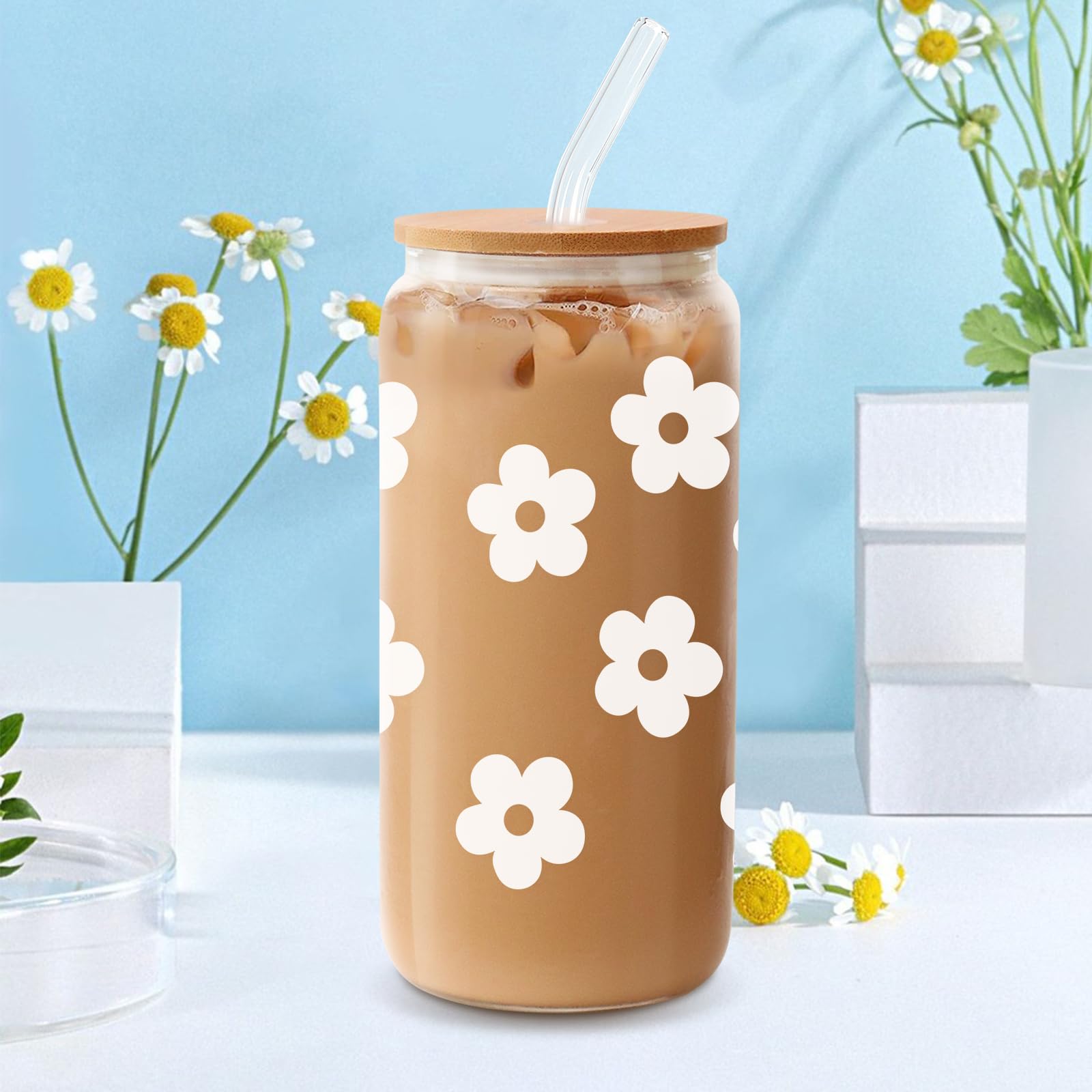 Daisy Glass Cup with Lid & Straw, Cute Gifts, Gifts for Friends Female, Best Friends Birthday Gifts, Iced Coffee Glass, Aesthetic Cups, Floral Glass Cup, 16oz Glass Cup - Daisy Gifts for Coffee Lover