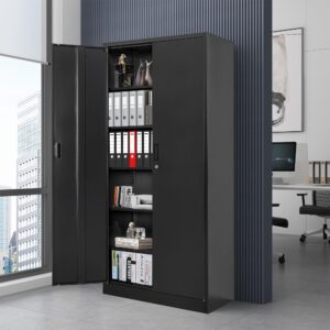 YEEZER Metal Storage Cabinet 71” with 2 Doors and 5 Adjustable Shelves, Garage Steel Locking Cabinet, Tall Cabinets Lockable File Cabinet for Home, Office, Garage, Gym, School. (Black)