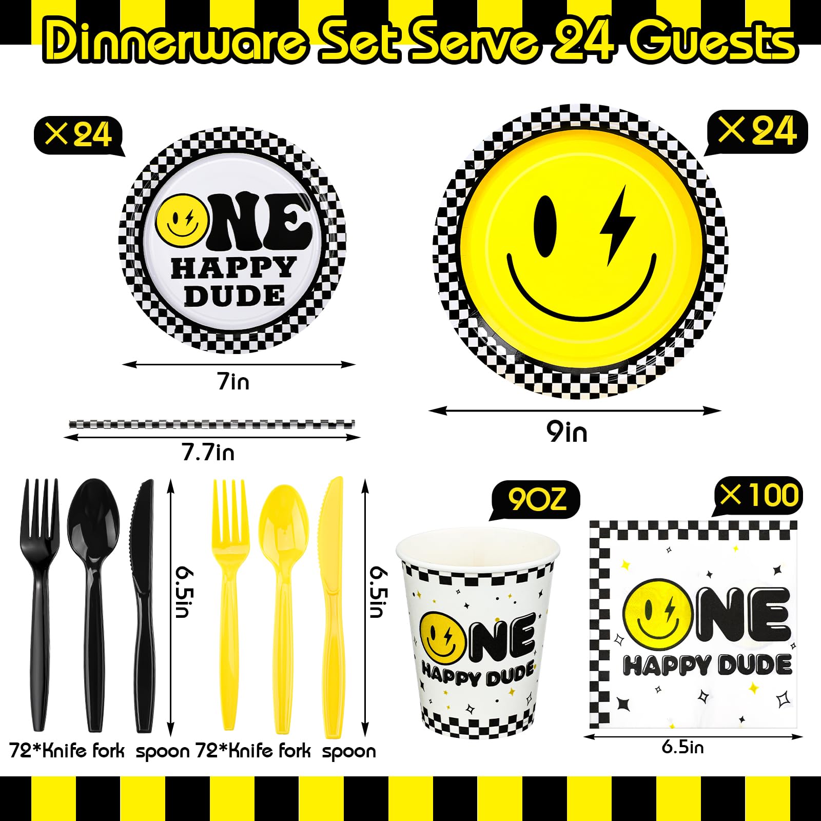 Norme 344 Pcs One Happy Dude Birthday Decorations Smile Face Party Tableware Serve 24 Guests, Include 7 in 9 in Paper Plates Disposable Knife Fork Spoon Napkins Cup Straw for 1st Birthday Baby Shower