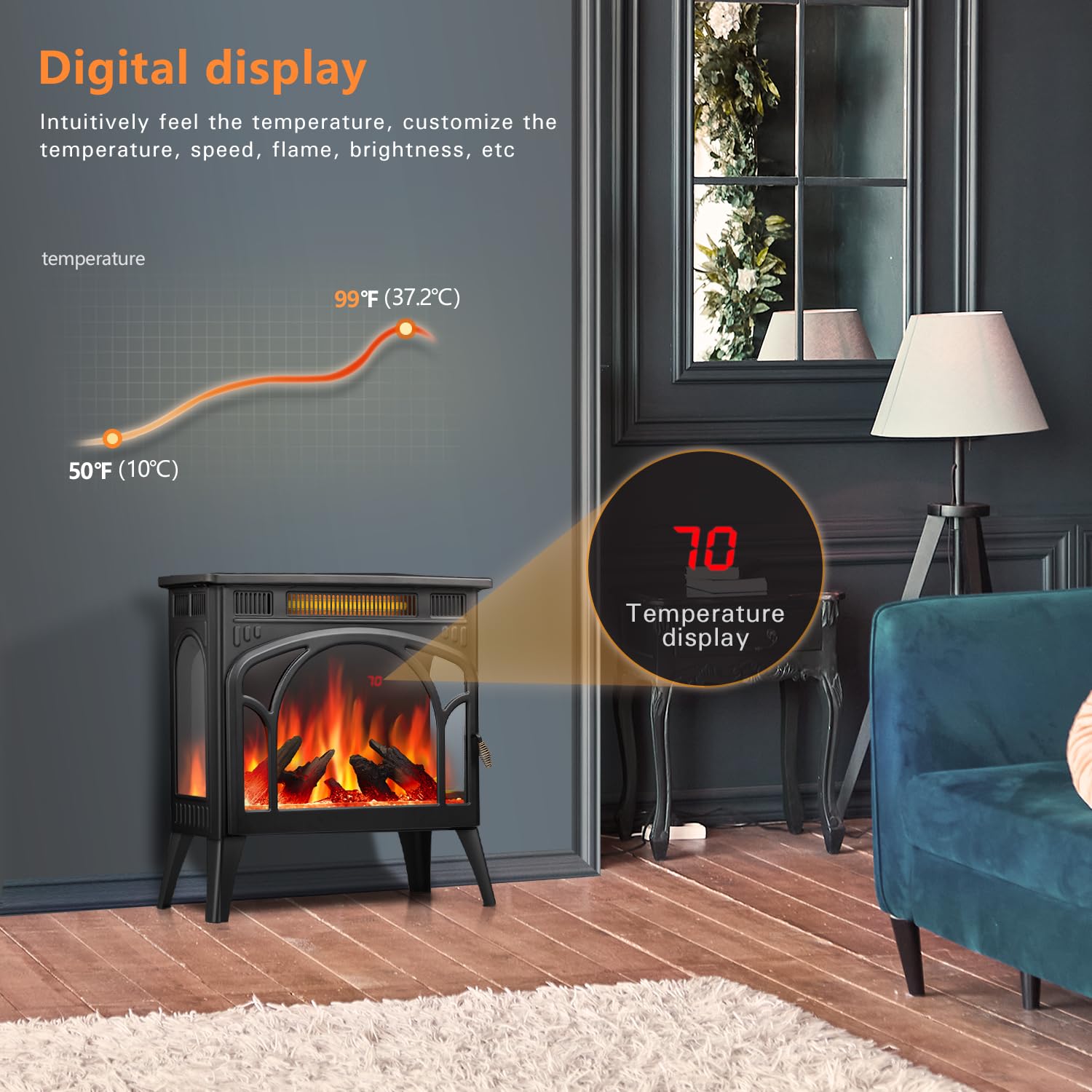 R.W.FLAME Electric Fireplace Heater 12 Flame Color, 25" Freestanding Fireplace Infrared Stove 500W/1500W, 3D Realistic Flame Effects, Adjustable Brightness and Heating Mode, Overheating Safe Design