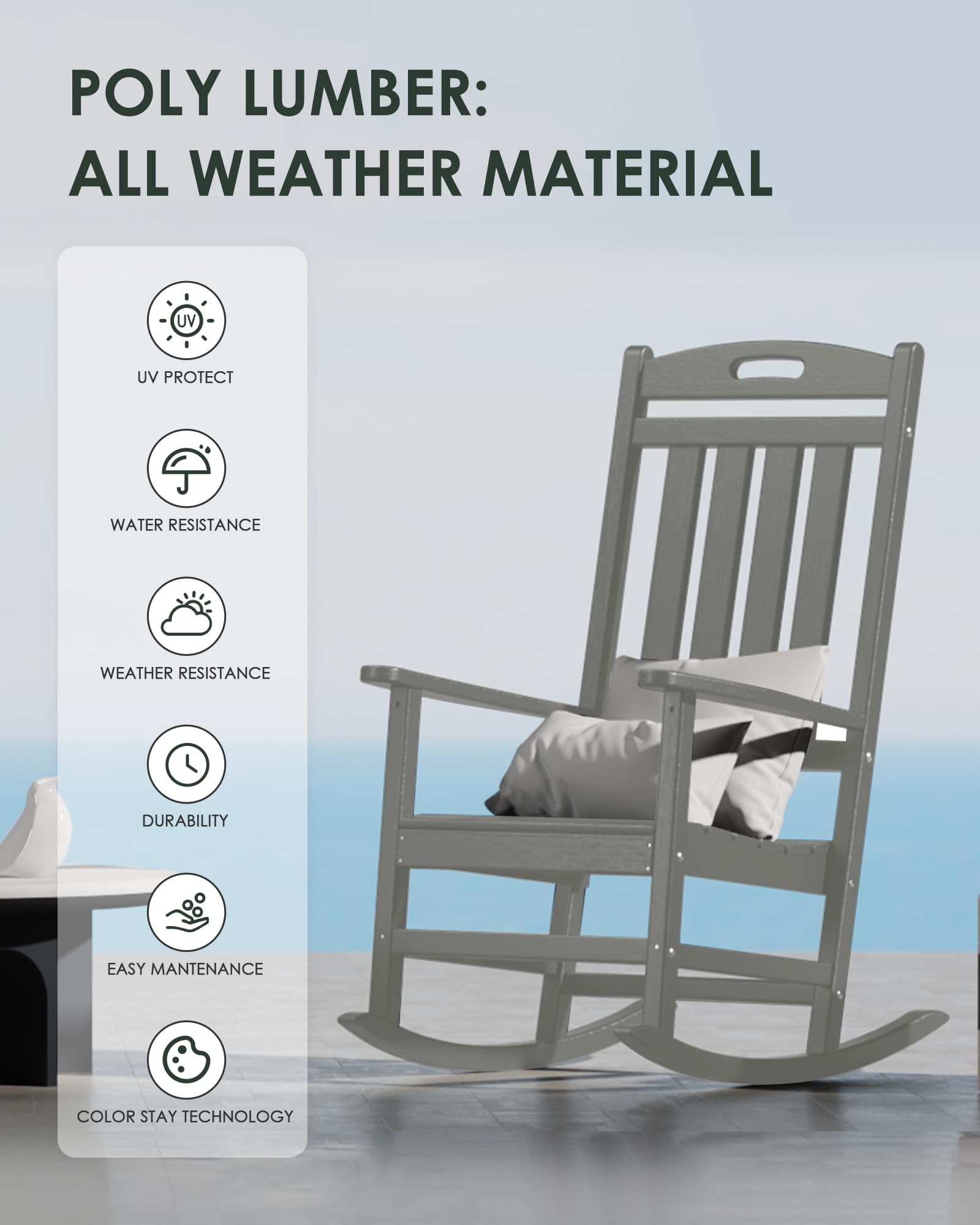 Adiromoti Outdoor Rocking Chair, All-Weather Resistant Poly Lumber Rocker Chair Outdoor, High Back Plastic Patio Rocking Chairs for Outside Porch Rocker Garden Lawn, Slate Grey