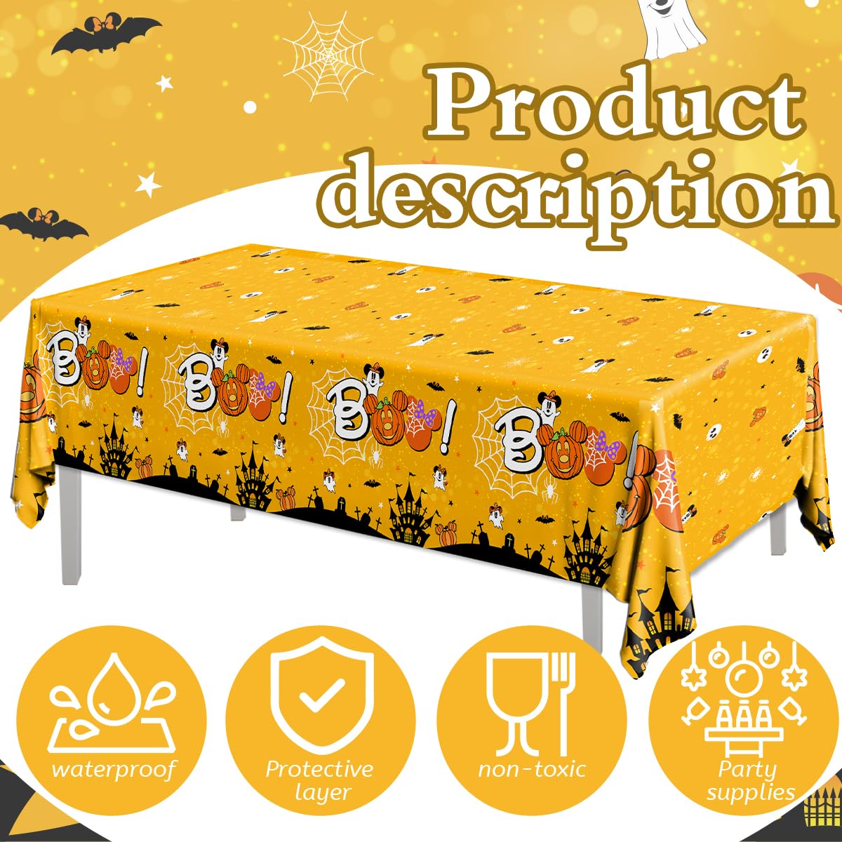 Gupesxu Mouse Halloween Party Decorations-3pcs Happy Boo Day Tablecloth, Yellow Pumpkin Ghost Mouse Halloween Tablecloth for Kids Boy Girl Baby Shower Halloween Birthday Party Supplies