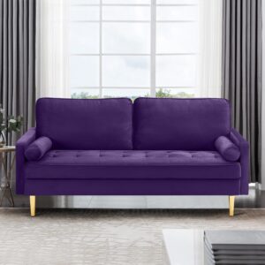 rxrrxy 67" modern velvet loveseat sofa couch, mid-century tufted upholstered small love seat couch with 2 pillows & 4 golden legs, 2-seats couches for compact space, living room, apartment (purple)