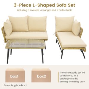 Tangkula Outdoor Wicker Furniture Set, 3-Piece L-Shaped Patio Sofa with Cushions & Tempered Glass Table, Heavy-Duty Metal Frame Perfect for Backyard, Decks, Gardens (Beige)