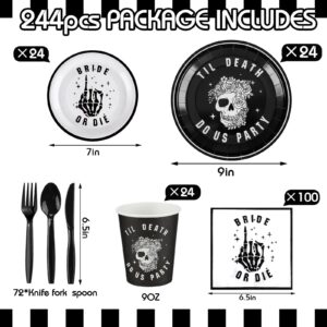 Norme 244 Pcs Bride or Die Bachelorette Party Tableware Set Include 24 Pcs 9 Inch 7 Inch Plates 24 Pcs 9 oz Paper Cups 100 Pcs Napkins 24 Knives 24 Forks 24 Spoons for Halloween Bachelorette