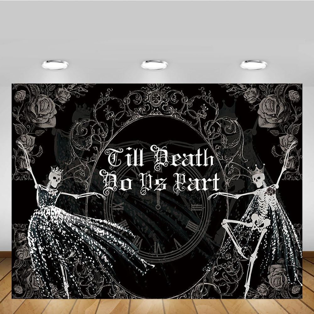 MEHOFOND 7x5ft Halloween Till Death Do Us Backdrop Spooky Wedding Bridal Shower Background Mr and Mrs Anniversary Bachelorette Dance Party Banner Supplies Decorations