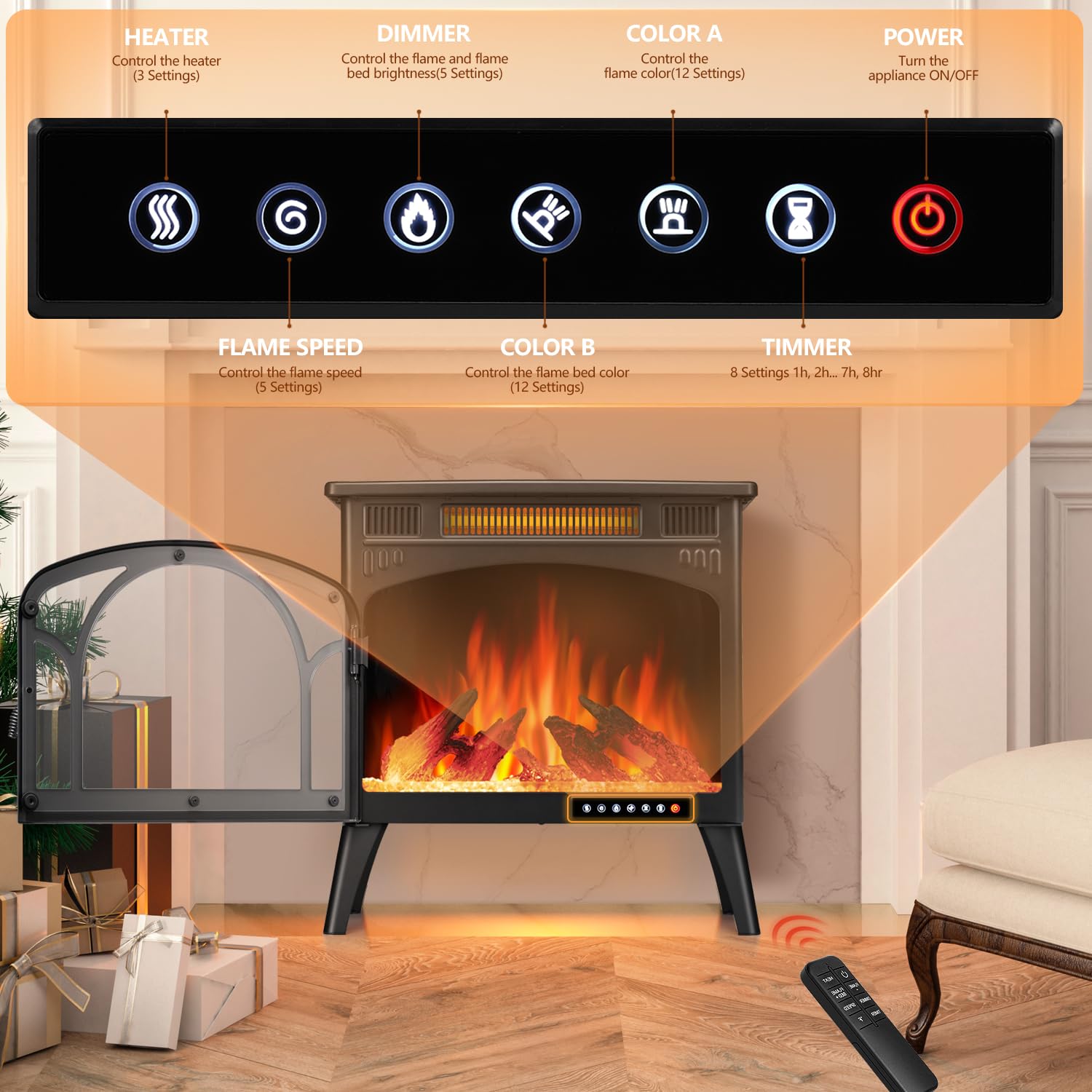 R.W.FLAME Electric Fireplace Heater 12 Flame Color, 25" Freestanding Fireplace Infrared Stove 500W/1500W, 3D Realistic Flame Effects, Adjustable Brightness and Heating Mode, Overheating Safe Design