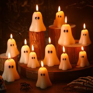 MTLEE 12 Pcs Halloween Ghost Candles Spooky Burning Candle Halloween Decoration Candles Novelty Ghost Shaped Tea Lights Candle Gifts for Halloween Party Table Home Decor(1.97/2.36/2.76 Inch,White)