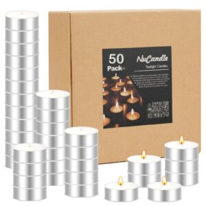 nucandle tea lights candles 50 pack unscented tealight candles bulk for wedding christmas home decorative outdoor mini white tea lights candle