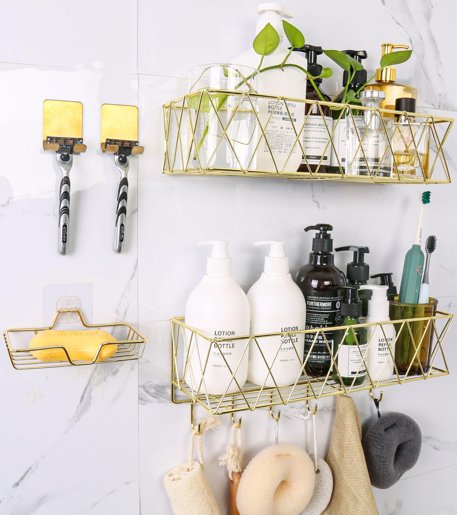 THCOFUUD Gold Shower Caddy, 5 Pack Rustproof Stainless Steel Organizer With Soap Holder & 2 Razor Hooks, Wall Mounted Shelves, Adhesive Rack, Large Capacity Basket for Storage, Gold Decor