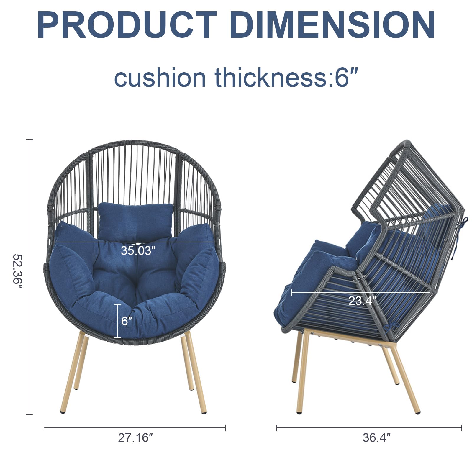 Egg Chair Outdoor Basket Chairs - Wicker Patio Cuddle Chair with Cushions Rattan Tear Drop Egg Chair for Indoor Bedroom Outside Porch Deck Backyard Garden(Grey/Blue)