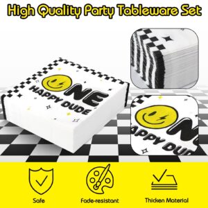 Norme 344 Pcs One Happy Dude Birthday Decorations Smile Face Party Tableware Serve 24 Guests, Include 7 in 9 in Paper Plates Disposable Knife Fork Spoon Napkins Cup Straw for 1st Birthday Baby Shower