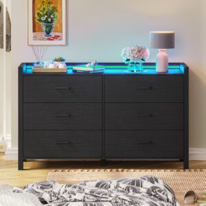 EPHEX Dresser for Bedroom, 6 Drawer Double Dresser with LED Lights, Wood Chest of Drawers, Modern Storage Dresser for Bedroom, Black