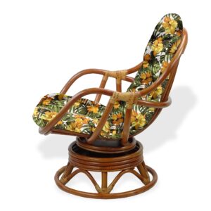 Bali Lounge Swivel Rocking Chair with Floral Cushion Natural Rattan Wicker Handmade, Colonial