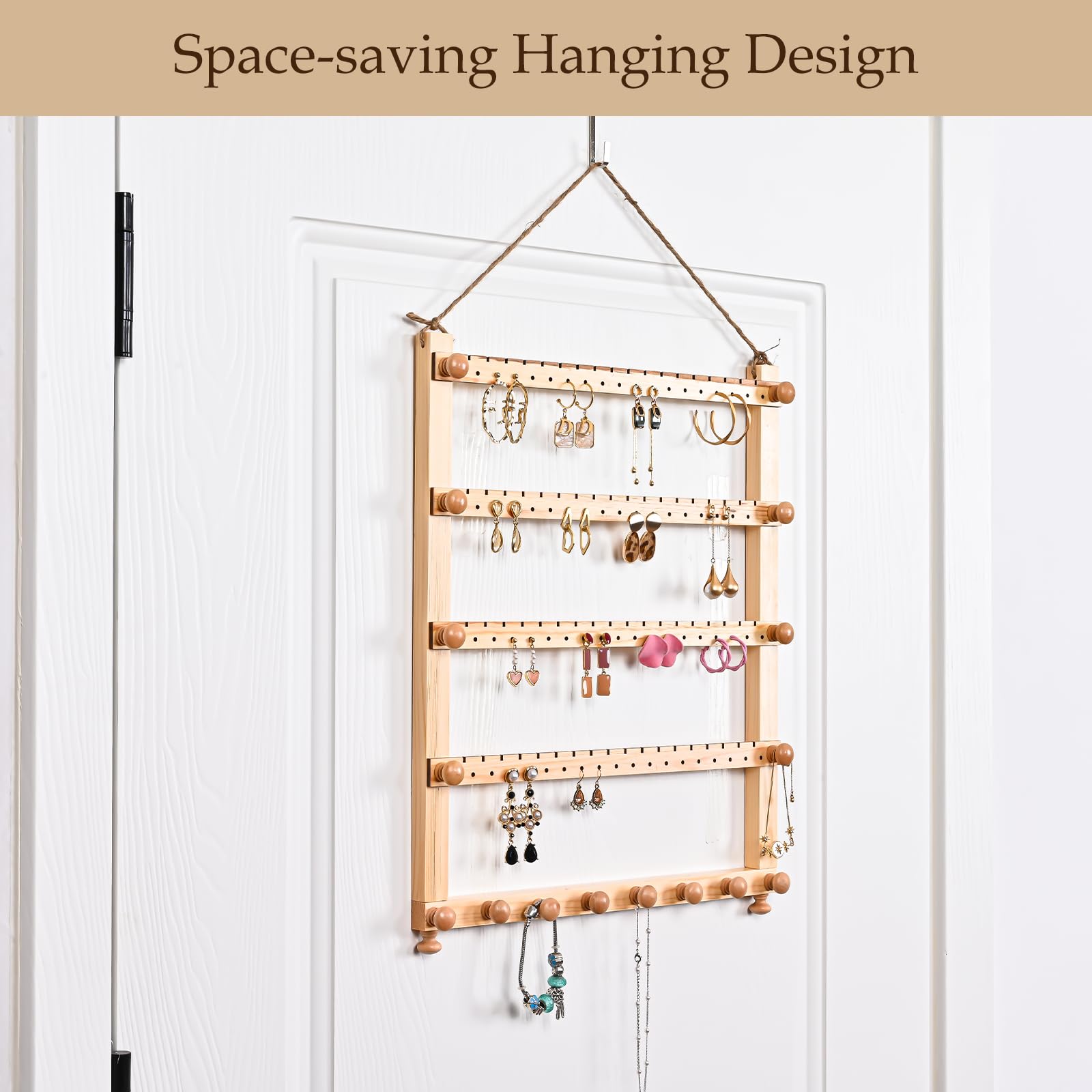 Lolalet Hanging Jewelry Organizer, 5-Tier Wooden Earring Wall Holder Jewelry Display Rack for Earrings Dangles Necklaces Bracelets -Natural