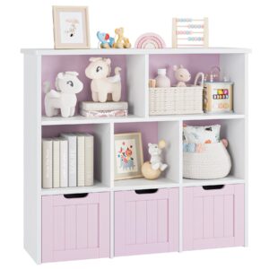 fotosok toy storage organizer with 3 movable drawers, floor storage cabinet toy chest with hidden wheels and 5 storage cubbies, multifunctional storage chest for living room, home office, pink