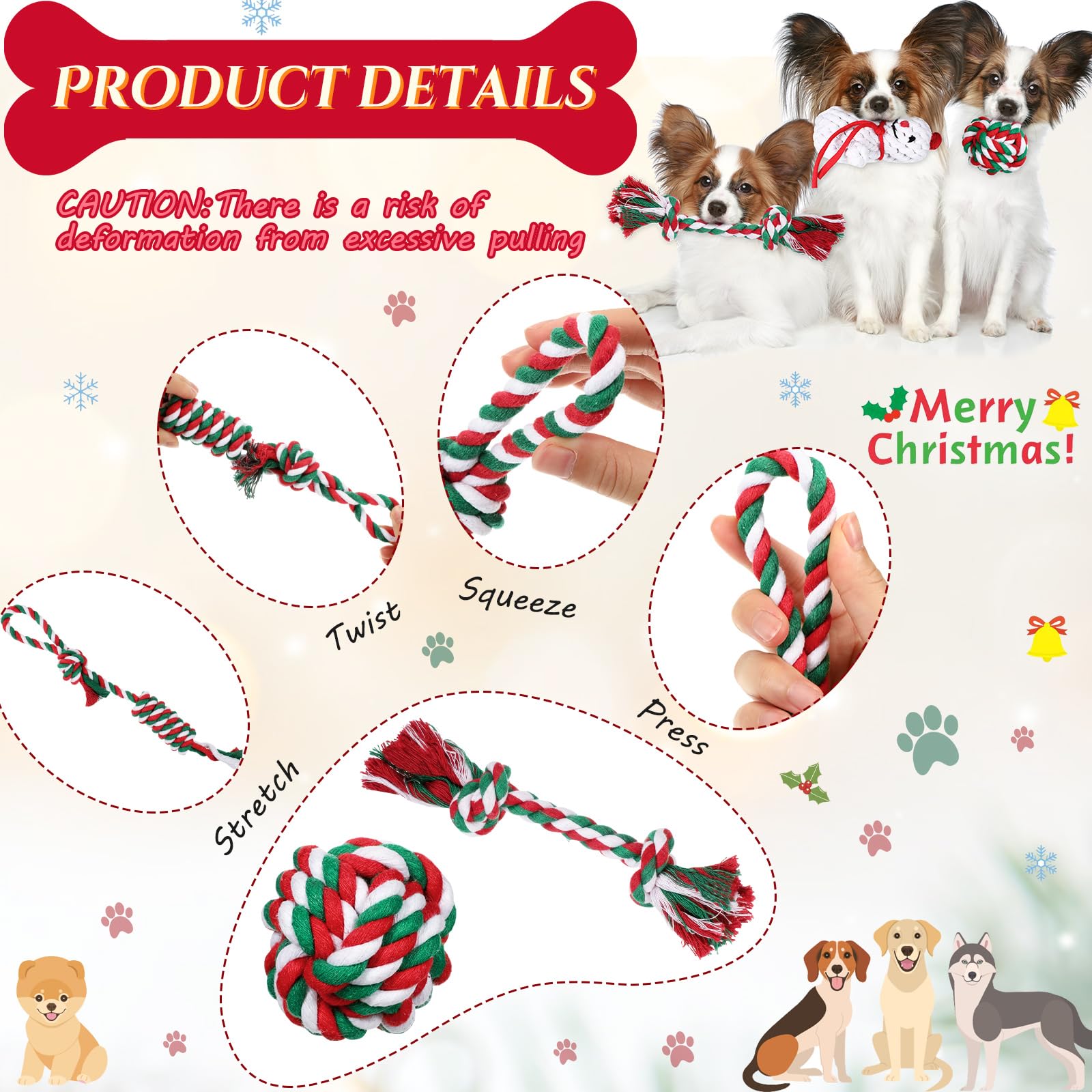 Jenaai Christmas Dog Toys 6 Pack Dog Rope Toys with 1 Pack Christmas Stocking Dog Rope Chew Toys Puppy Chew Toys Santa Snowman Dog Toy Set Tough for Small Medium Dogs Training Teething Cleaning