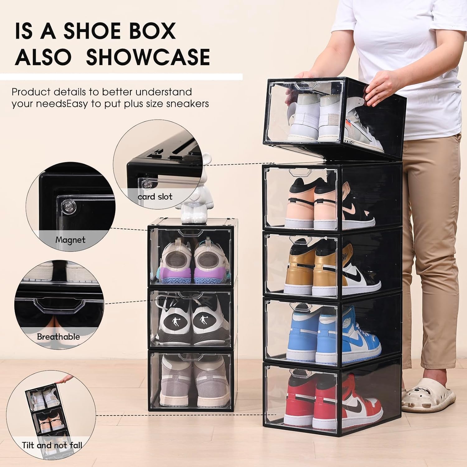 jphoiy box Shoe Storage Boxes Clear Stackable, 9 Packs Shoe Organizer for Closet,Sneaker Box, Strong and Sturdy Fit Up to Maximum Size of US12