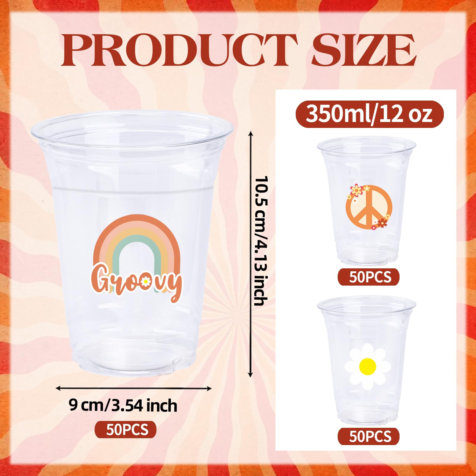 150 Pack Groovy Party Plastic Cups Boho Retro Hippie Disposable Clear Cups 12 oz Daisy Flower Drinking Cups Bulk for Hippie Boho Birthday Party Wedding Baby Shower Drinkware Decorations