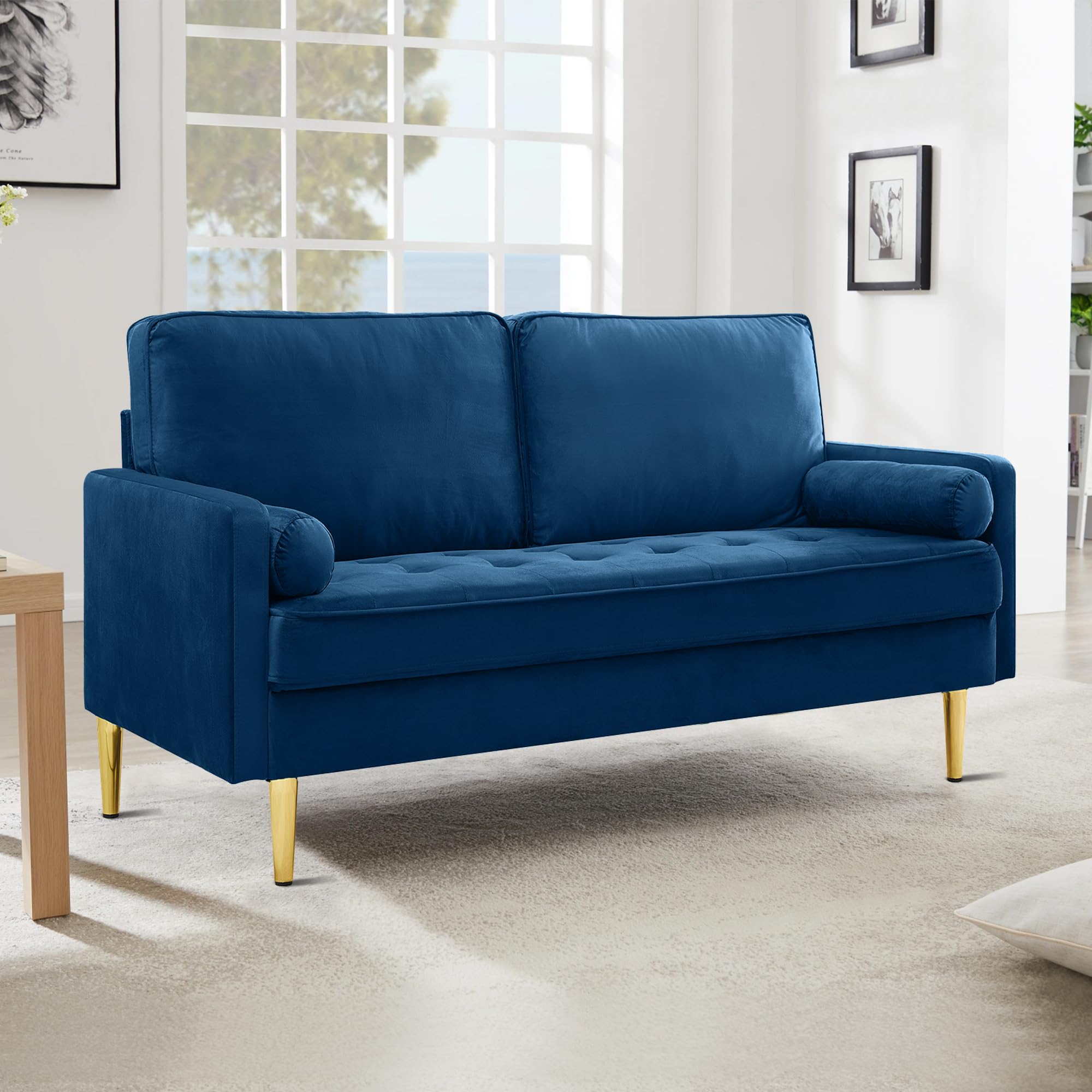 Hdxdkog Velvet Loveseat Sofa, 66.9'' Mid Century Modern Small Love Seats with 2 Pillows & Golden Legs Comfy Couch for Living Room, Upholstered 2 Seater Sofa for Small Apartment (Blue)