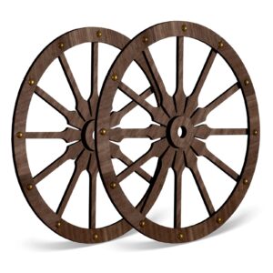 2 pcs 12 in farmhouse rustic wagon wheel wooden decoration western cowboy style home decorations with metal hooks 3d structure style (brown 3d)