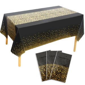 melsan disposable table cloth for rectangle tables, 3 pack black and gold plastic table cloths for graduation, retirement, 50th birthday party decorations, 54×108 in