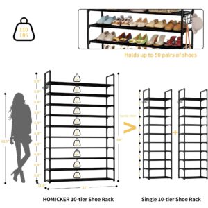 HOMICKER Shoe Rack,10 Tier Shoe Organizer Large Shoe Storage with Hooks,Fit 40-50 Pairs Shoes,Metal Tall Shoe Shelf for Closet,Entryway,Garage,Bedroom