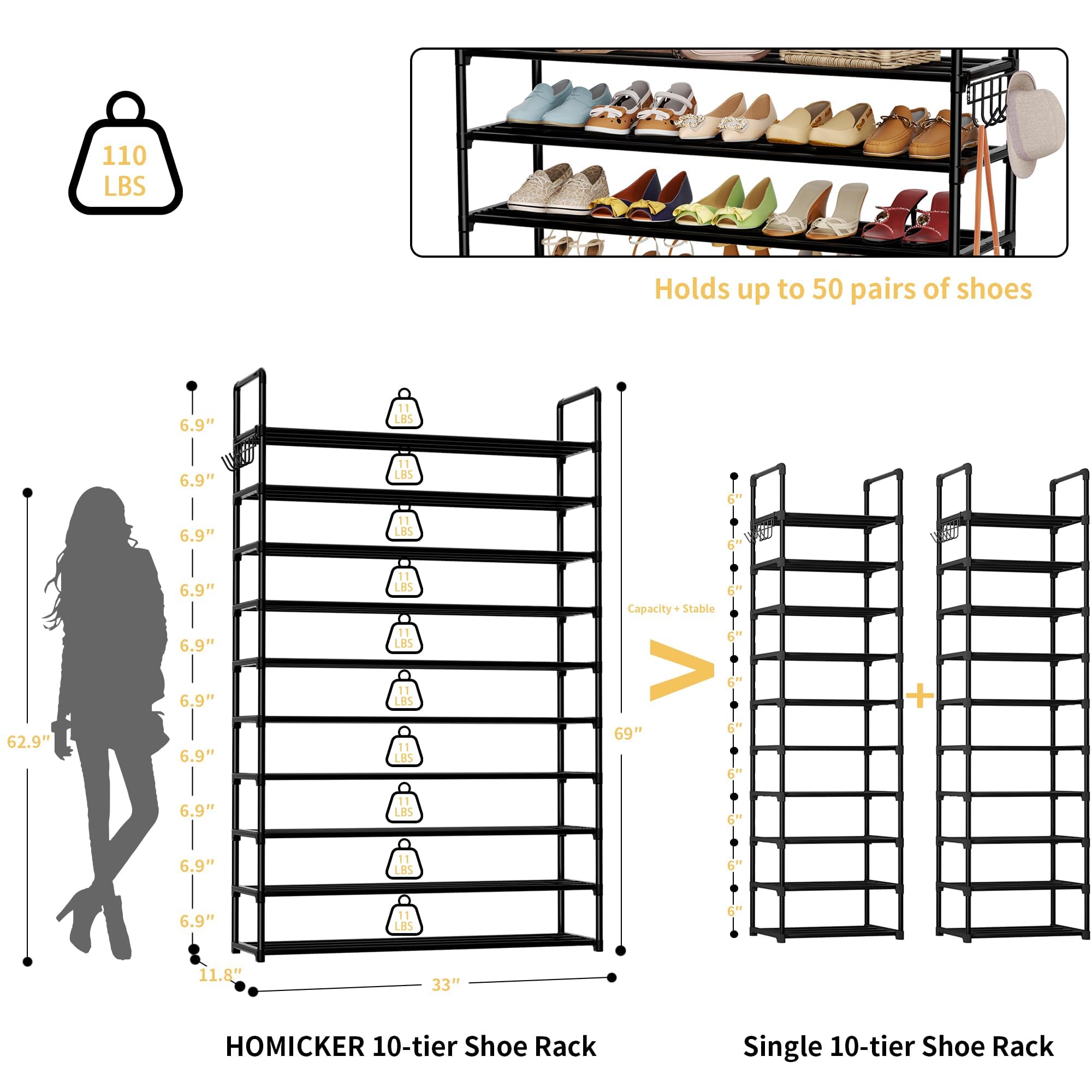 HOMICKER Shoe Rack,10 Tier Shoe Organizer Large Shoe Storage with Hooks,Fit 40-50 Pairs Shoes,Metal Tall Shoe Shelf for Closet,Entryway,Garage,Bedroom