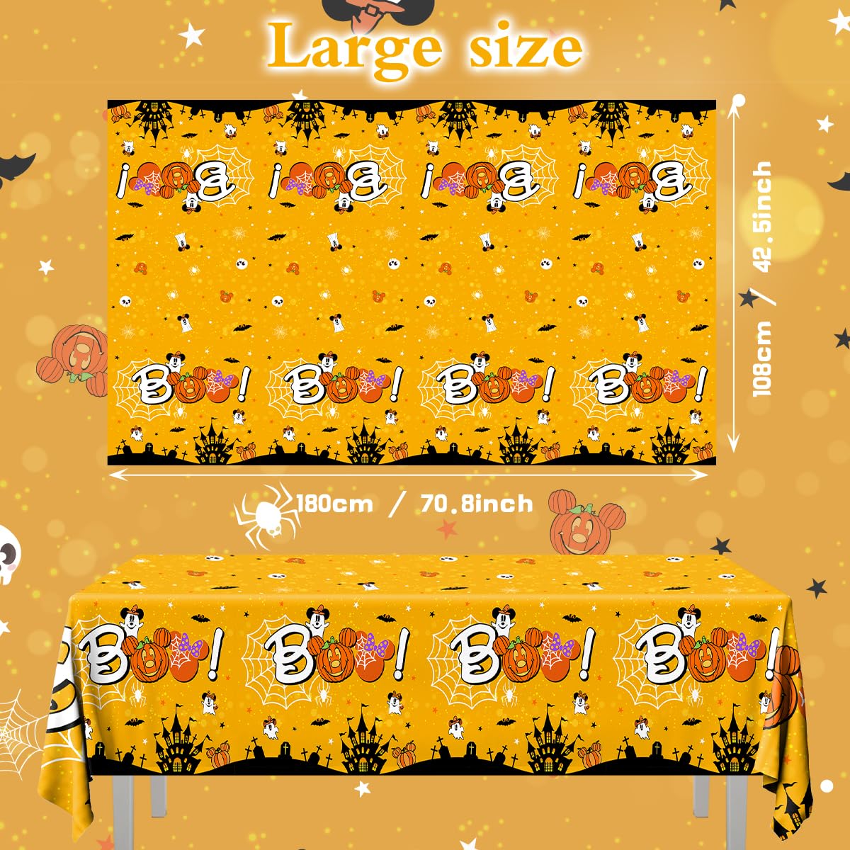 Gupesxu Mouse Halloween Party Decorations-3pcs Happy Boo Day Tablecloth, Yellow Pumpkin Ghost Mouse Halloween Tablecloth for Kids Boy Girl Baby Shower Halloween Birthday Party Supplies