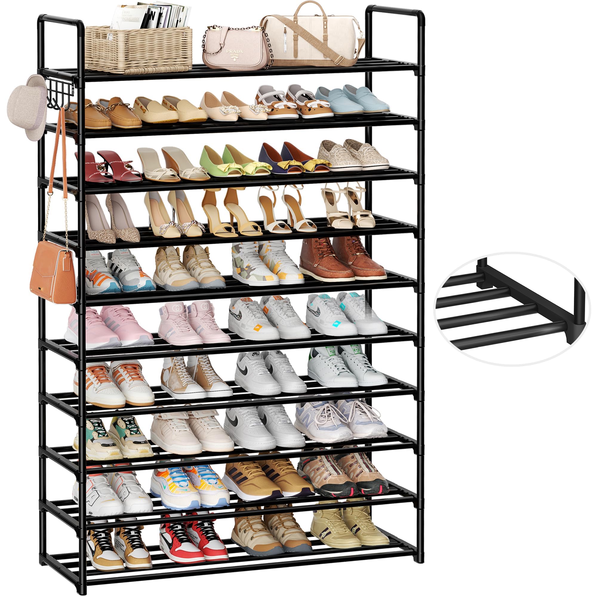 HOMICKER Shoe Rack,10 Tier Shoe Organizer Large Shoe Storage with Hooks,Fit 40-50 Pairs Shoes,Metal Tall Shoe Shelf for Closet,Entryway,Garage,Bedroom