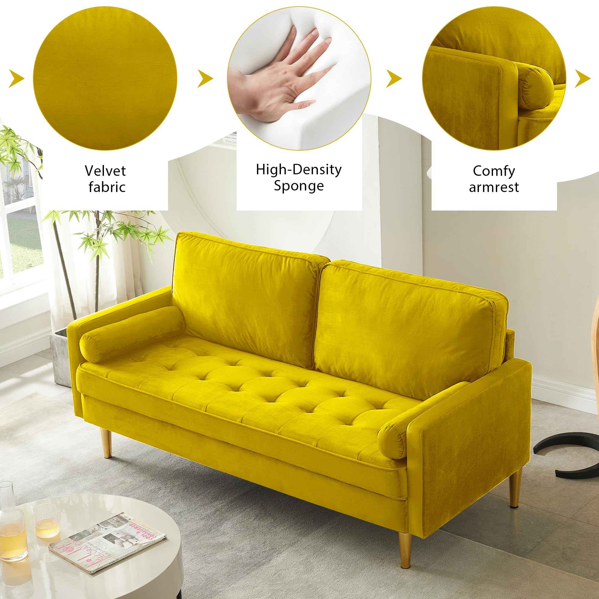 Hdxdkog Velvet Loveseat Sofa, 66.9'' Mid Century Modern Small Love Seats with 2 Pillows & Golden Legs Comfy Couch for Living Room, Upholstered 2 Seater Sofa for Small Apartment (Yellow)